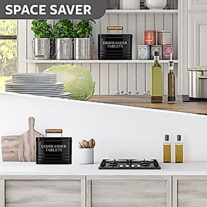 Calindiana Modern Farmhouse Metal Dishwasher Pods Container Holder with Lid for Kitchen Organization and Storage, Kitchen Essentials Decor Accessories, Black