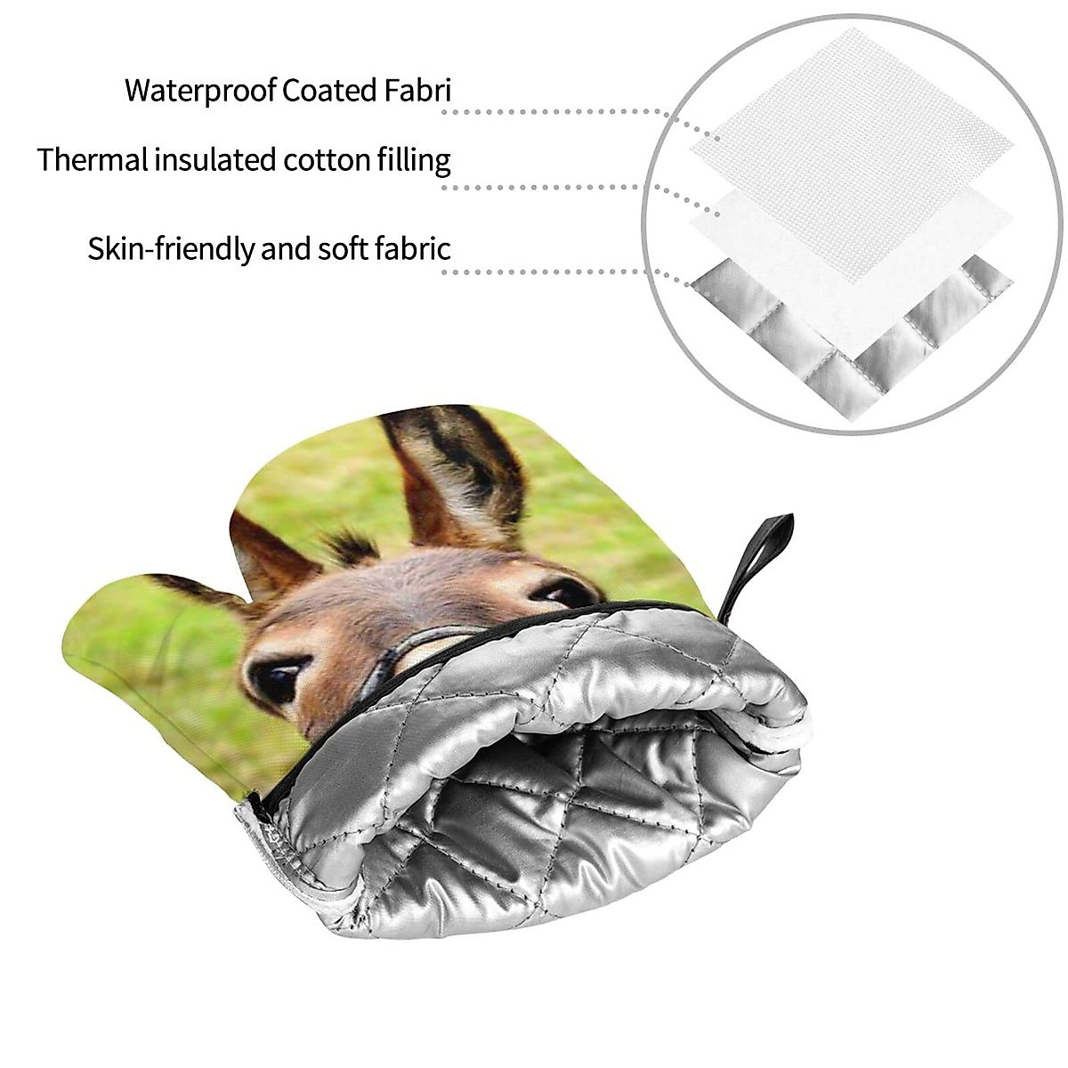 ZHRYMIFE Happy Donkey Oven Mitts and Pot Holders Sets Kitchen Hot Pad Non-Slip Heat Resistant Waterproof Baking BBQ Cooking Gloves(4 Piece) Black