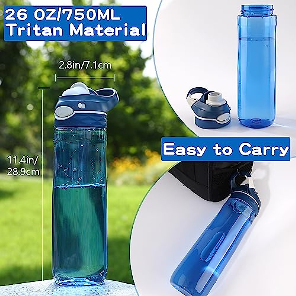 LONG SENG Sports Water Bottle 26 OZ, Blue Leak Proof Wide Mouth Water Bottles BPA-Free Simple Plastic Water Bottle Odorless Light and Portable Easy Clean Water Bottles For Adults Man Woman