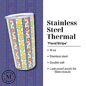 Martha Stewart Insulated Coffee Tumbler, 16 Ounce Stainless Steel Travel Mug with Lid, Double-Wall Design for Hot or Cold Beverages, Floral Stripe