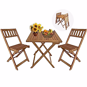 BLKMTY Patio Bistro Set 3-Piece Outdoor Patio Furniture Sets Folding Table and Chairs Acacia Wood Bistro Set Balcony Cafe Table Square Patio Table Chair for Front Porch, Garden, Deck, Backyard