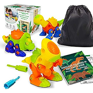 Dinosaur Building Toy Set for Kids - STEM Take Apart Construction Toys Include Build a Dino Construct & Play Kit, Storage Bag, & Coloring Book - Educational Toys, Birthday Party Toy Dinosaurs