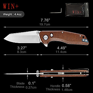 WIN+ Pocket Knife, Folding Knife with Button Lock and Axis Lock, Tactical Knives with Ball Bearing and Thumb Stud, D2 Small EDC Knife for Survival Camping, Ideal gift for Men and Women 3442 (B-Brown-Micarta)