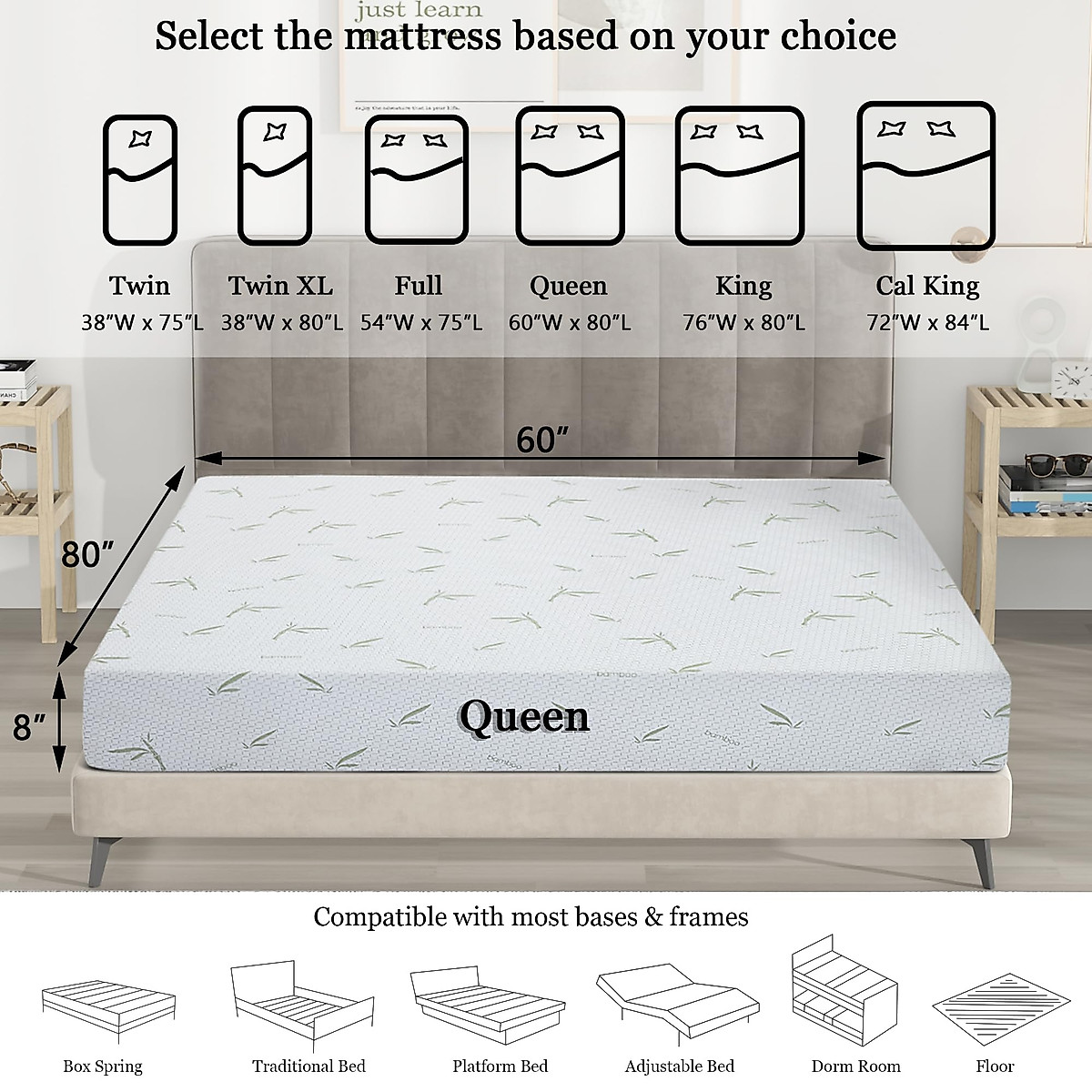 KYLE & KAY King Foam Mattress, Medium Firm Green Tea Gel Mattress, 8 Inch Memory Foam Mattress for Boys, Girls, Mattress in A Box, CertiPUR-US Certified Mattress, 76 x 80in, White