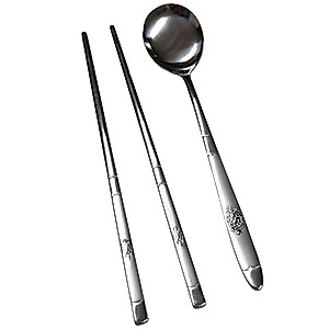 GARASANI Korean Traditional Cutlery Stainless Steel Spoons and Chopsticks Set (Silver Turtle)