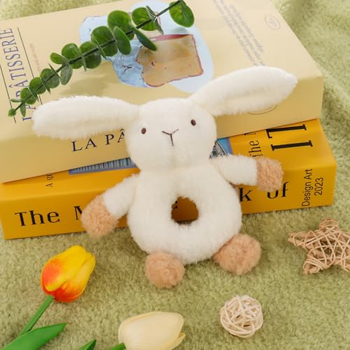 Apricot Lamb Baby Bunny Rabbit Soft Rattle Toy, Plush Stuffed Animal for Newborn Soft Over 0 Months 6 Inches, White (brown hands and feet)