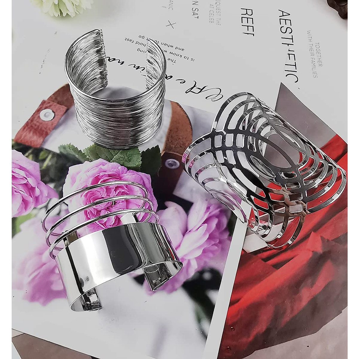 FINZOR 8 Pcs Cuff Bangle Bracelet for Women Open Wide Wire Bracelets Gold Wrist Cuff Wrap Bracelet(Silver)