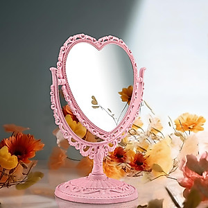 QEEYON Pink Heart Vanity Mirror - 360 Degree Swivel Makeup Double Sided Table Desk Countertop Stand for Dresser Bathroom Bedroom - Aesthetic Cosmetic Mirror for Women Girls