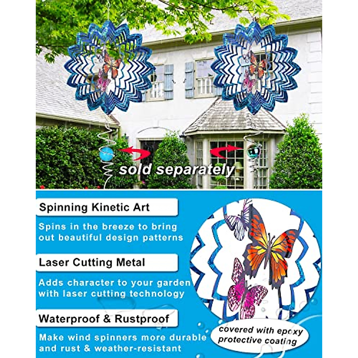 ABXKZ Kinetic Wind Spinners Outdoor Metal Large,3D Monarch Butterfly Garden Art Hanging Decor,12in Shiny Blue Wind Catcher Patio Ornament Gift,Stainless Steel Craft Sculpture Yard Decoration Clearance