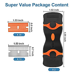 2 Pcs Razor Blade Scraper, Fertoriy 2 in 1 Scraper Tool with 30 Pcs Plastic Razor Blades & 10 Metal Blades, Premium Razor Scraper for Cleaning Window, Oven & Label, Decal, Gasket, Car Sticker Remover