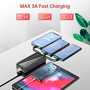 Portable Charger with Built in Cable and Wall Plug 30000mAh 22.5W Fast Charging Solar Power Bank with 5 Output & 2 Input Dual LED Flashlights Phone Holder External Battery Pack for iPhone Samsung