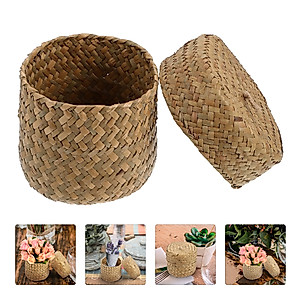 DOITOOL Hand Woven Seagrass Mini Round Basket with Lid, 12x9cm, Beige, Tabletop Decorative Storage Basket