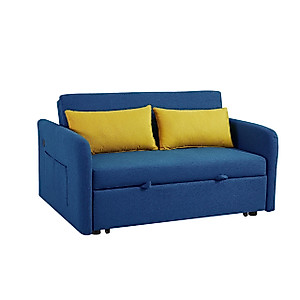 Bellemave Pull Out Sofa Bed Convertible Loveseat Sleeper Sofa with USB Charging Port & Arm Pocket, Modern Adjustable Sofa Bed with 2 Pillows, for Living Room, Apartment, Blue Yellow