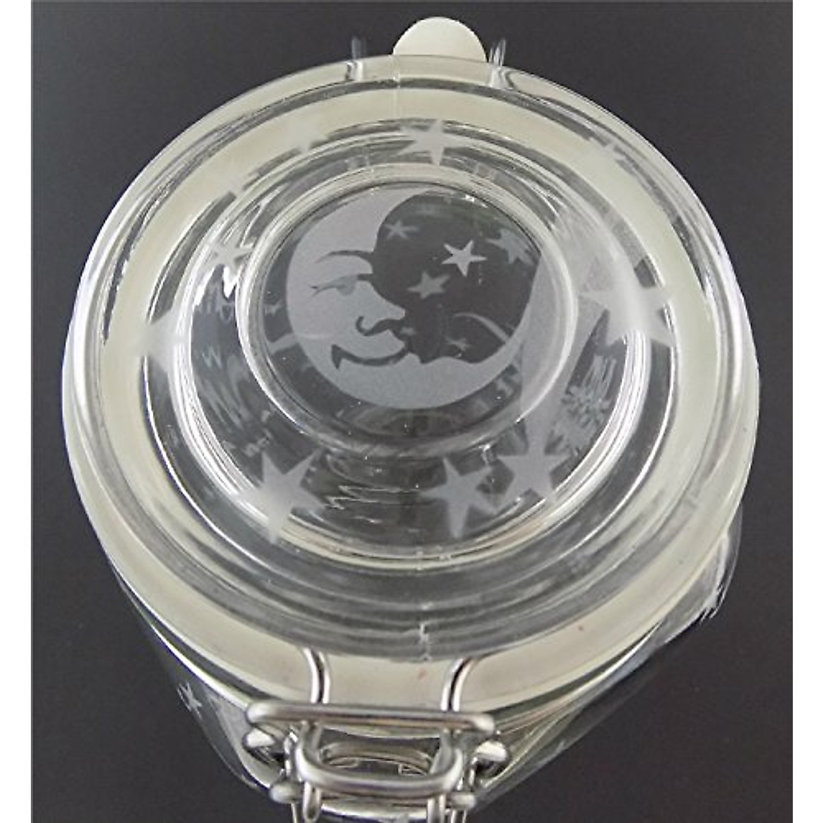 IncisoArt Hand Etched Glass Jar Airtight Canister Sandblasted (Sand Carved) Handmade Engraved Locking Wire Clamp Lid (Sun Moon Stars Planets, 38 Ounce)