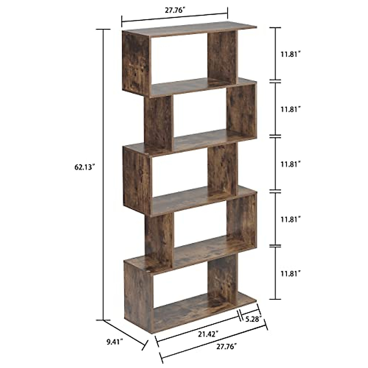 Aroktake 5-Tier Bookshelf, Geometric Bookcase with Anti-Tipping Device, S Shaped Book Shelves, Freestanding Decorative Storage Shelving for Living Room Home Office (Rustic Brown)