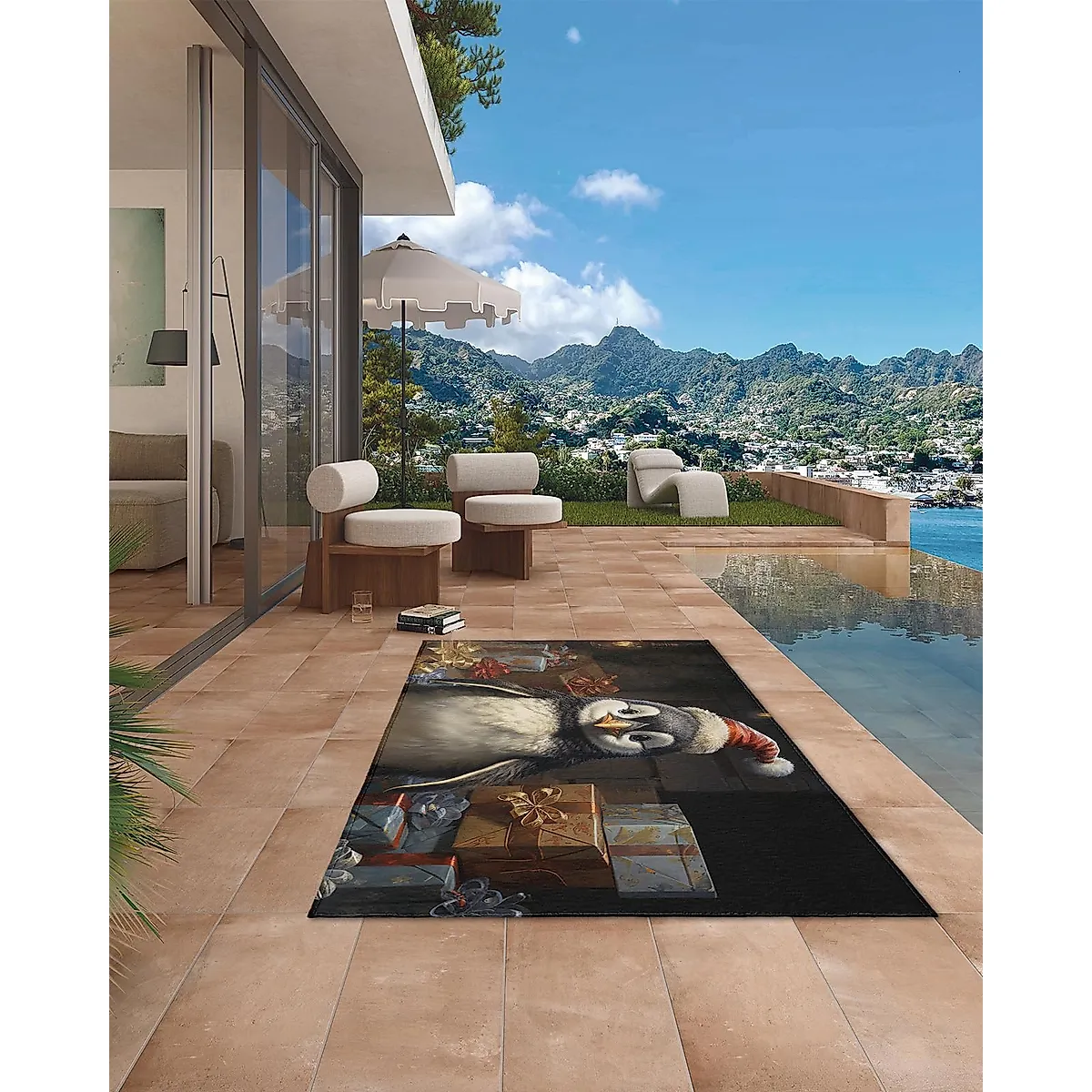 Christmas Penguin Outdoor Rugs for 5'x8' Patios Clearance, RV Camping Mat Rug Portable Outside Rug Indoor Outdoor Area Rug Mat for Beach Deck Pool Merry