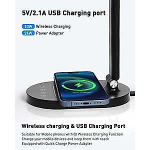 LED Desk Lamps for Home Office, Double Head Table Lamp with Wireless Charger, USB Charging Port, Clock, Alarm, Date, Temperature, Bedside Nightstand Light with Night Light for Bedroom Reading 14W