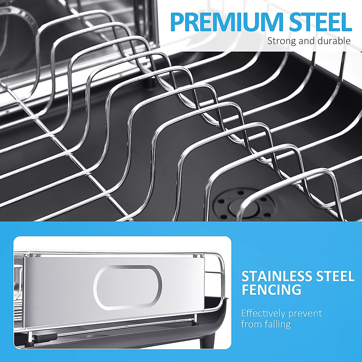 TOOLF Dish Drying Rack, Stainless Steel Dish Rack, Expandable(14.5"-25.3") Dish Drainer Rack and Utility Drainboard Set with Foldable Rack, Utensil Holder Cups Holder for Countertop, 1 Piece Black