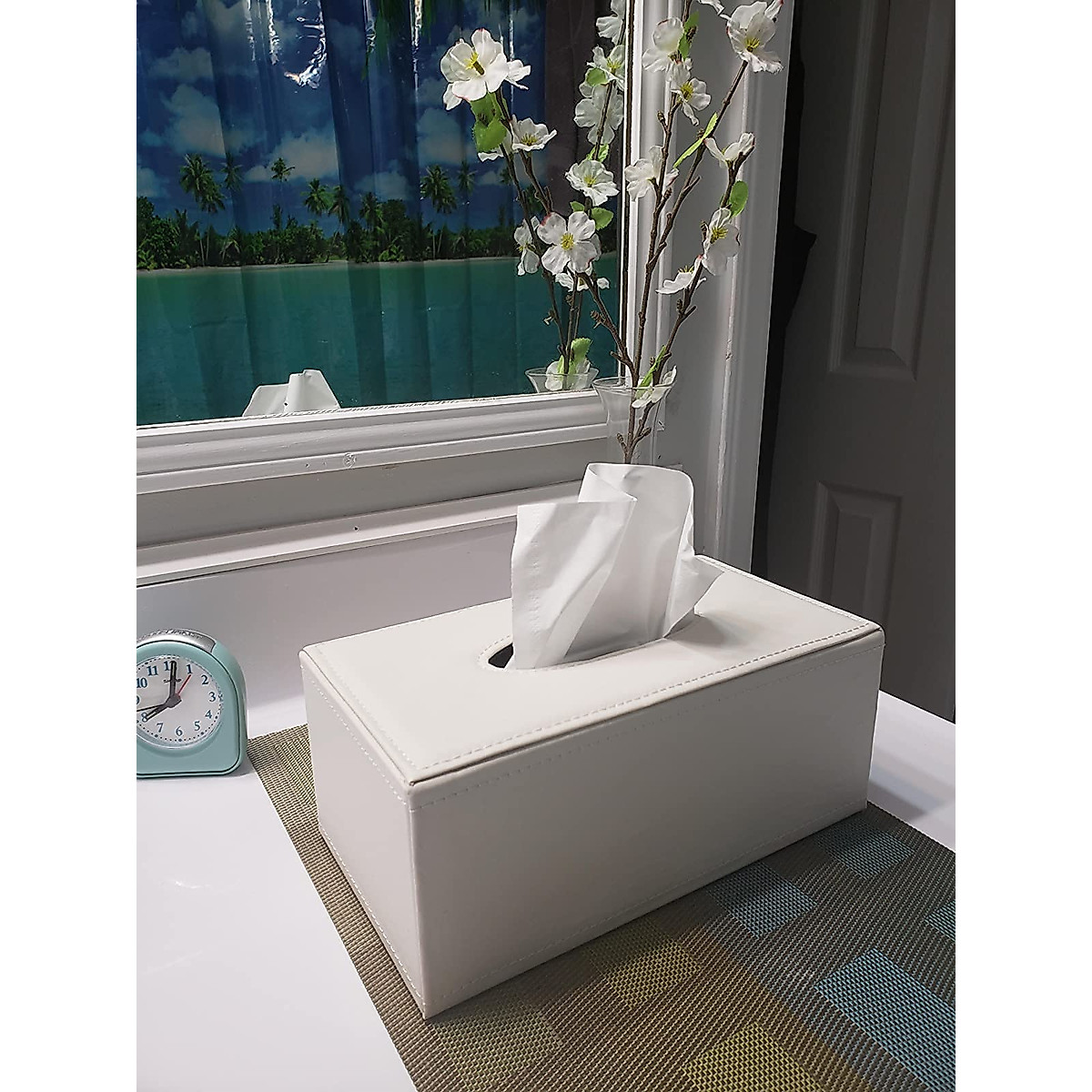 Cq acrylic Rectangular PU Leather Tissue Box Cover Holder,Modern Square Facial Tissue Holder Case Dispenser for Home and Car Decoration,Off White