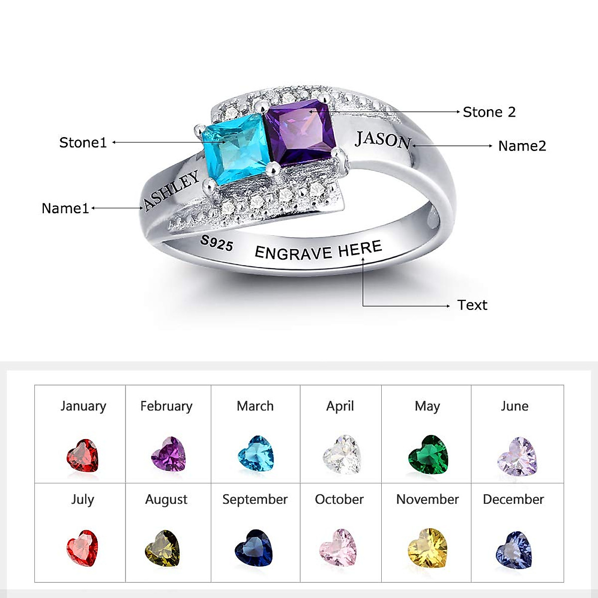 JewelOra Personalized Promise Rings for Her with 2 Simulated Birthstones Name Rings for Couples Wedding Engagement Band (10)