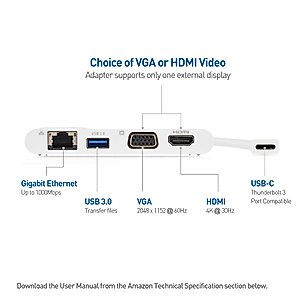Cable Matters USB C Multiport Adapter (USB C Dock with USB C to HDMI or USB C to VGA), USB 3.0 and Ethernet White - Thunderbolt 4 / USB4 / Thunderbolt 3 Port Compatible with MacBook Pro, Dell XPS