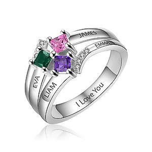 GLAMCARAT Sterling silver Personalized 3 Stone mothers ring Women engraved Name Rings for mom, birthstone ring for her family jewelry Promise Ring