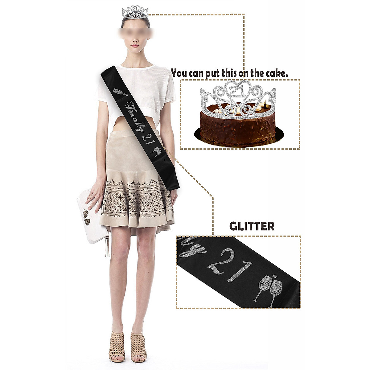 21st Birthday Sash and Tiara for Women - Fabulous Set: Glitter Sash + Floating Heart Rhinestone Silver Premium Metal Tiara for Women, 21st Birthday Gifts for 21st Birthday Party