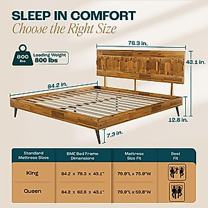 Bme Georgina King Bed Frame and Headboard, Handcrafted Geometric Pattern Solid Wood, No Box Spring Needed, 12 Strong Wood Slats Support, Easy Assembly, Teak Brown + Large Rectangle Wicker Baskets