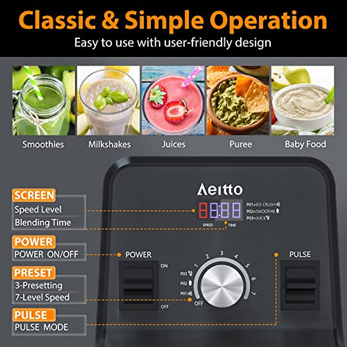 Aeitto Blender for Shakes and Smoothies, Smoothie Blender with 1500-Watt Motor, 68 Oz Large Capacity, 3-Preset Function Blenders for Kitchen for Smoothies/Ice Crush, Frozen Drinks(Black)