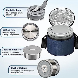 MAXSO Soup Thermos for Hot Food - 24 oz Vacuum Insulated Lunch Container with Foldable Spoon & Thermal Bag, Wide Mouth Bento Box for Adults (Silver)