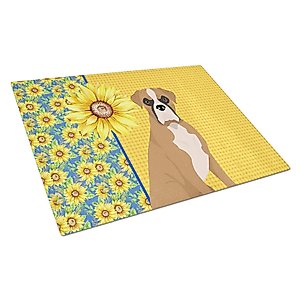 Caroline's Treasures WDK5340LCB Summer Sunflowers Natural Eared Fawn Boxer Glass Cutting Board Large Decorative Tempered Glass Kitchen Cutting and Serving Board Large Size Chopping Board
