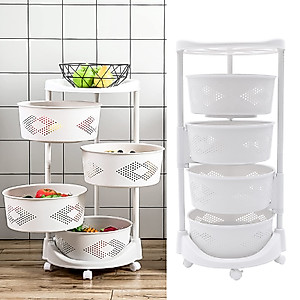LOYALHEARTDY Rotating Storage Rack 4 Tier Round Mesh Baskets Storage Shelf Rack Adjustable Height Kitchen Storage Shelf with 5 Lockable Casters for Kitchen Bathroom Bedroom White