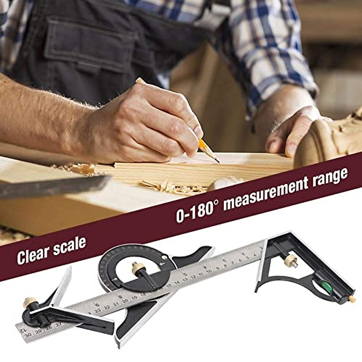 Fafeicy Stainless Steel T Square Ruler Adjustable Sliding Combination Square Ruler & Protractor Level Measure Measuring Tool 4-Piece 4R Combination Square