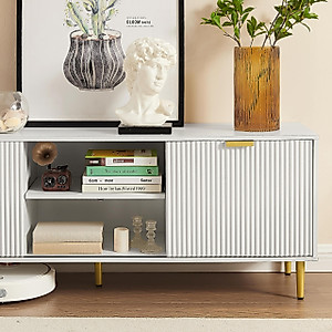 Okvnbjk TV Stand for 65+ Inch TV, Modern Living Room Entertainment Center with Storage Cabinets, Waveform Panel Wood Media Console with Ajustable Shelves & Cable Management for Bedroom, White