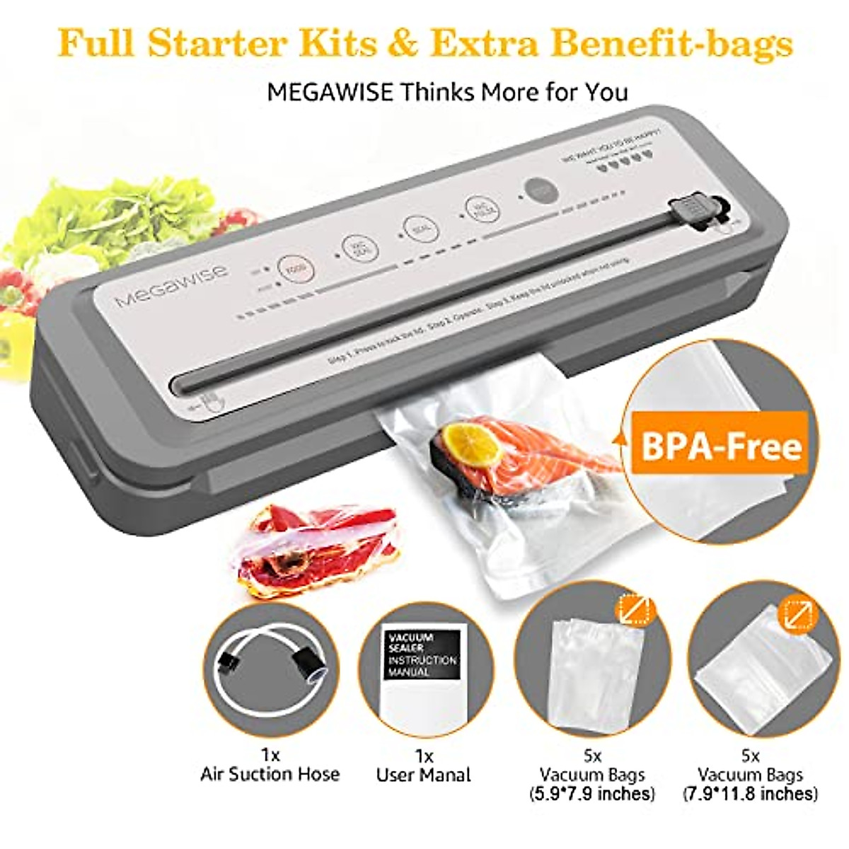 MEGAWISE Vacuum Sealer Machine, Portable Strong Suction Power Food Sealer, Bags and Cutter included with External Vacuum Function, Freshness Saver（Silver)