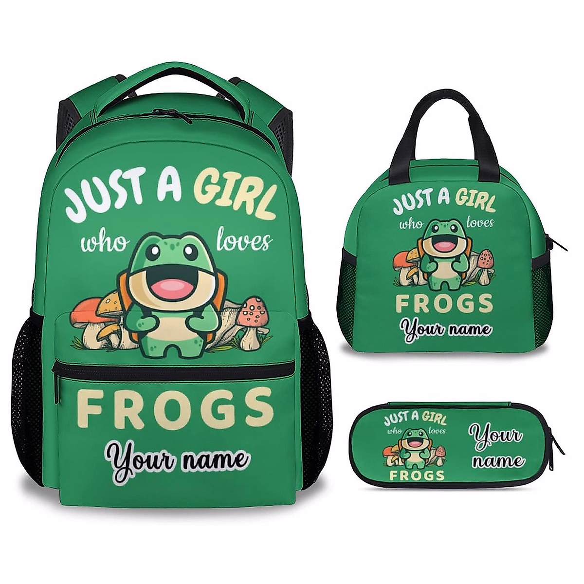 CUNEXTTIME Custom Frog Backpack with Lunch Box And Pencil Case, Set of 3 Cute Bookbag for Girls Boys, Lightweight Large Capacity School Bag