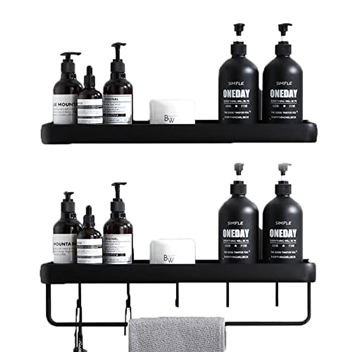 AZZXZQYU Shower Caddy Shower Organizer Shower Shelves with 5 Hooks and 1 Hanging Rod, Without Drilling 2-Piece Space Aluminum Shower Shelf for Bathroom Storage and Kitchen Organization(Black)