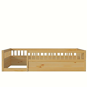 VPXTA Twin Size Toddler Floor Bed Frame for Kids，Montessori Bed with High Fence Railings，Wood Playhouse Bed with Rails (Natural, Twin)
