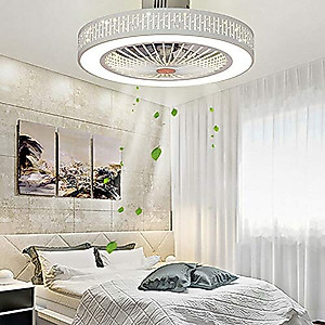 22'' Modern LED Invisible Ceiling Fan with light 3-Color 3-Speed 64W 7 Acrylic Blades Round Enclosed Chandelier Fan with Remote Control Semi Flush Mount Quiet for Bedroom Living Room (Bamboo leaf)