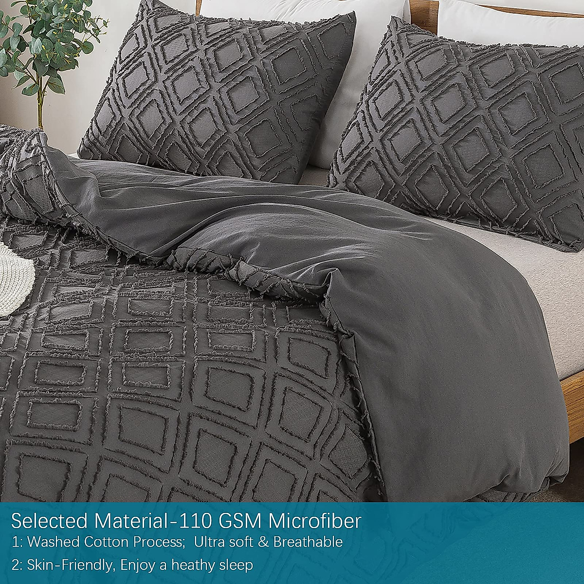 Lamourbear Jacquard & Tufted Geometric Grey Duvet Cover Queen Size Bedding Set, Soft, All Seasons, with Double-end Sliders Zipper Closure, 8 Ties, 3 Pieces (2 Pillowcase, 1 Duvet Cover), Q Dark Grey