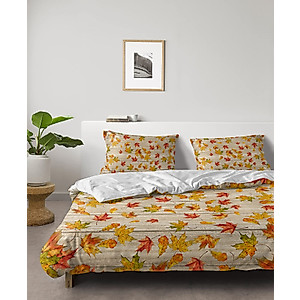 Orange Fall Maple Leaf Farm Wood Grain Thanksgiving Duvet Cover Sets 4 Piece California King Ultra Soft Bed Quilt Cover Set for Kids/Teens/Women/Men,Autumn Leaves Bedding Collection All Season Use