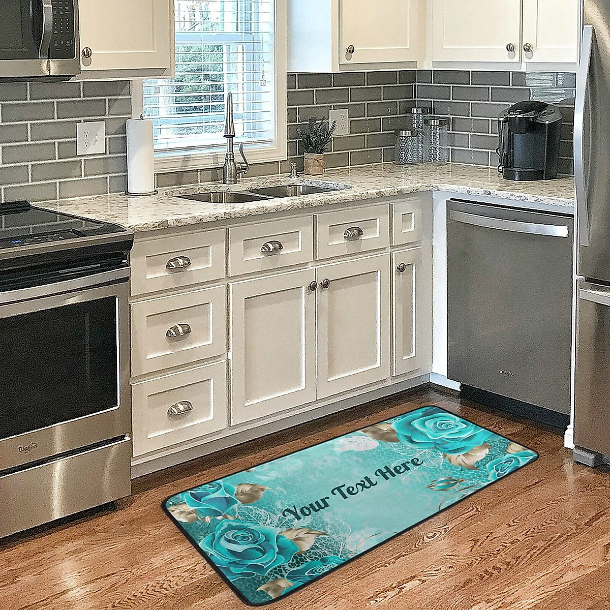 Sinestour Costom Teal Rose Turquoise Kitchen Rugs Non Slip Kitchen Mats for Home Decor, Washable, 39 x 20 Inch