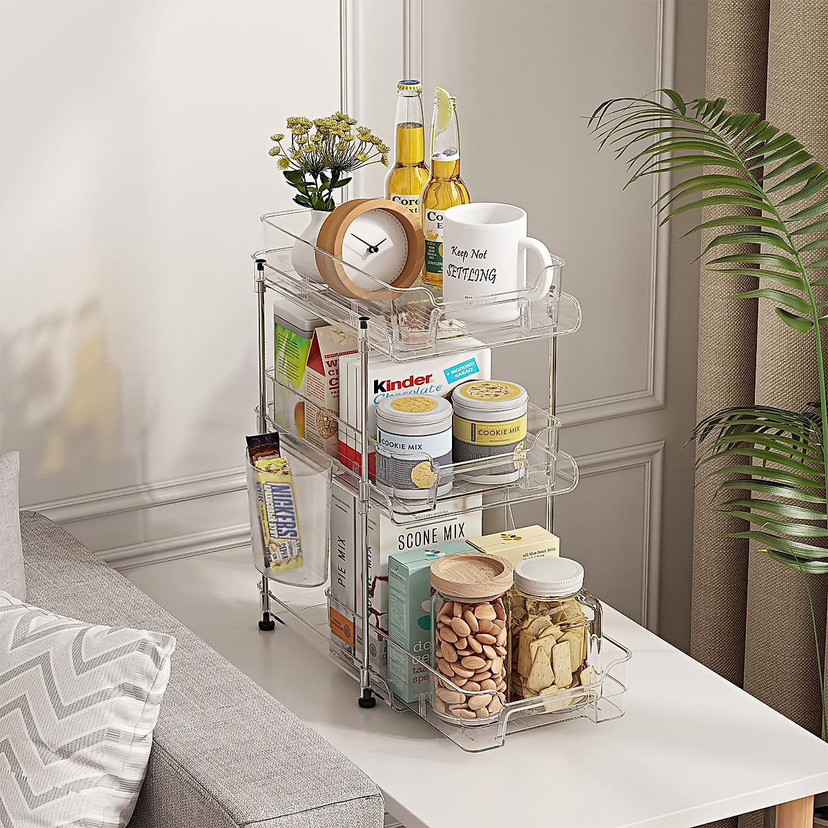 REALINN 3 Tier Clear Organizer with Dividers for Counter/Cabinet, Pull-Out Storage Container - Bathroom, Vanity Makeup, Kitchen, Pantry Organizer