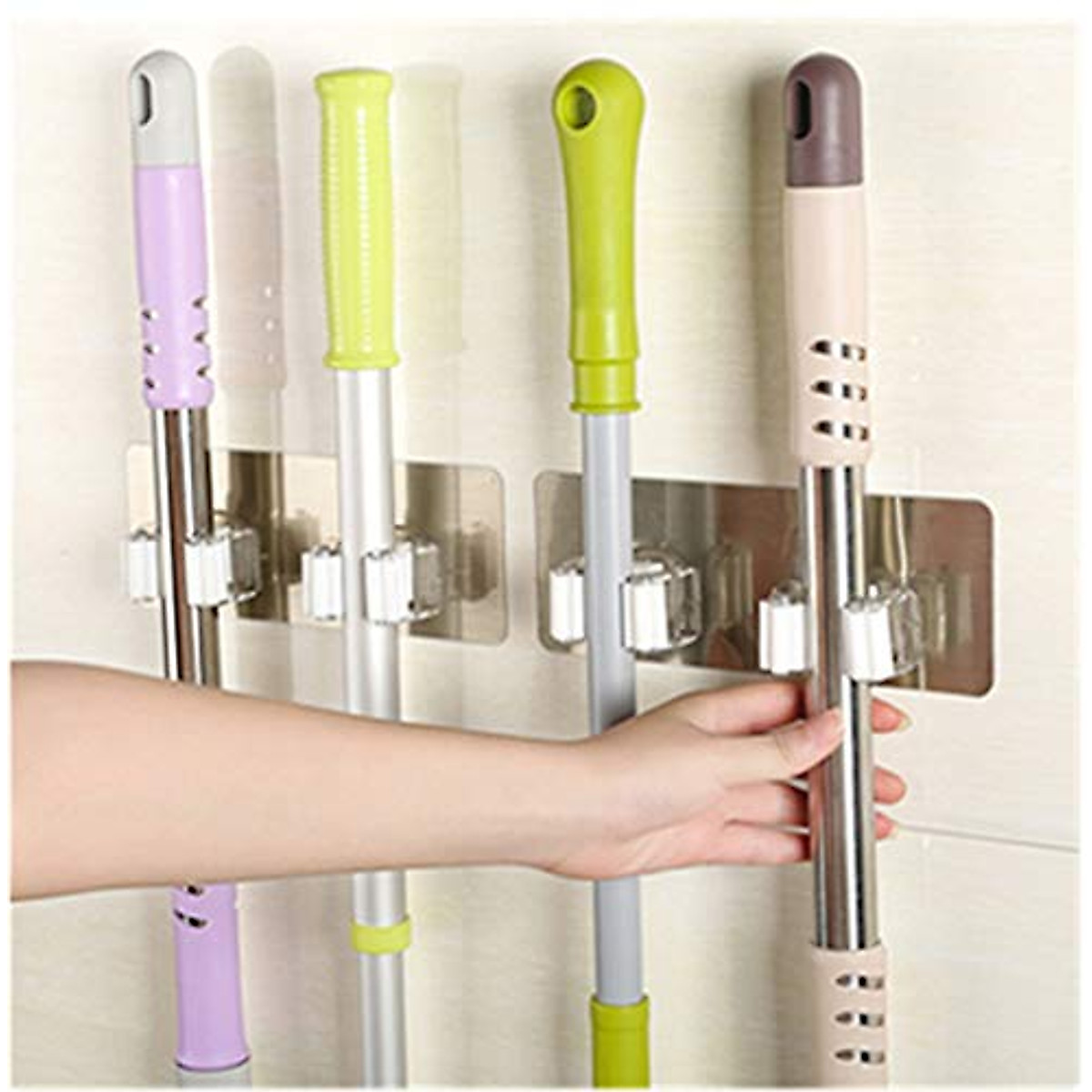 Midress Mop and Broom Holder Wall Mounted Mop Organizer Holder Broom Mop Holder Brush Broom Hanger Storage Rack Kitchen Tool Hanger with 2 Racks (Multi-Colored)