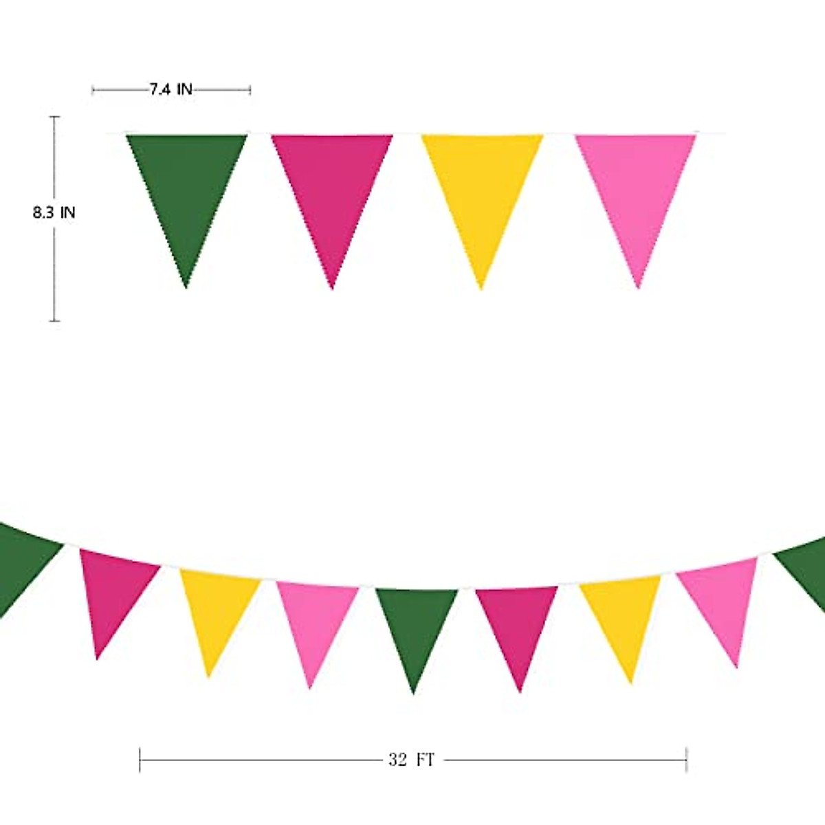 32Ft Hot Pink Green Yellow Pennant Banner Fabric Triangle Flag Bunting Garland for Flamingo Aloha Tropical Luna Hawaiian Jungle Summer Wedding Birthday Party Outdoor Garden Hanging Decoration