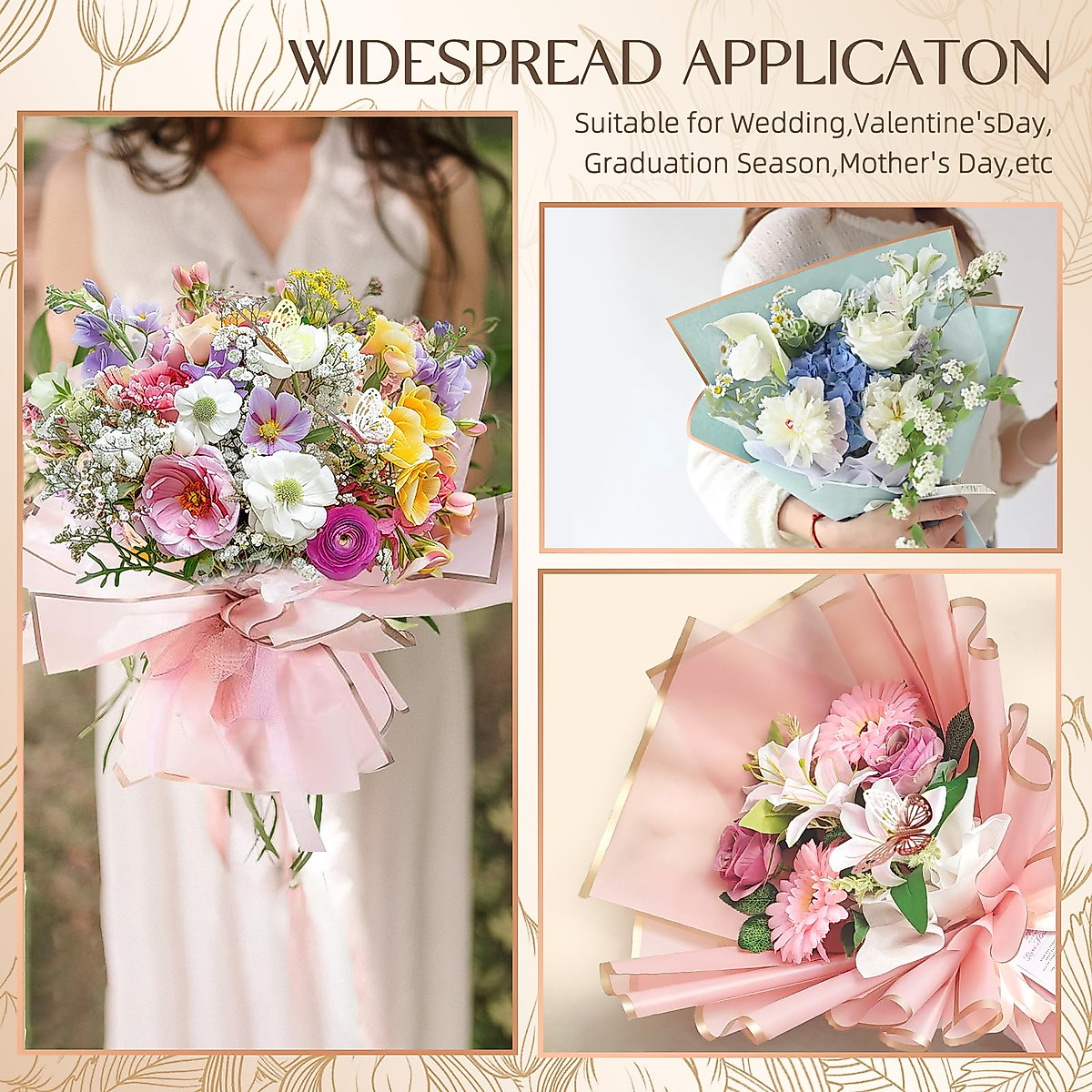 REAXYZNN 235 Pcs Bouquet Wrapping Paper Waterproof Flower Wrapping Paper for DIY Craft, Florist Supplies with Bouquet Pin Butterfly Decoration Ribbons Greeting Cards for Wedding Birthday Present (10 Colors)