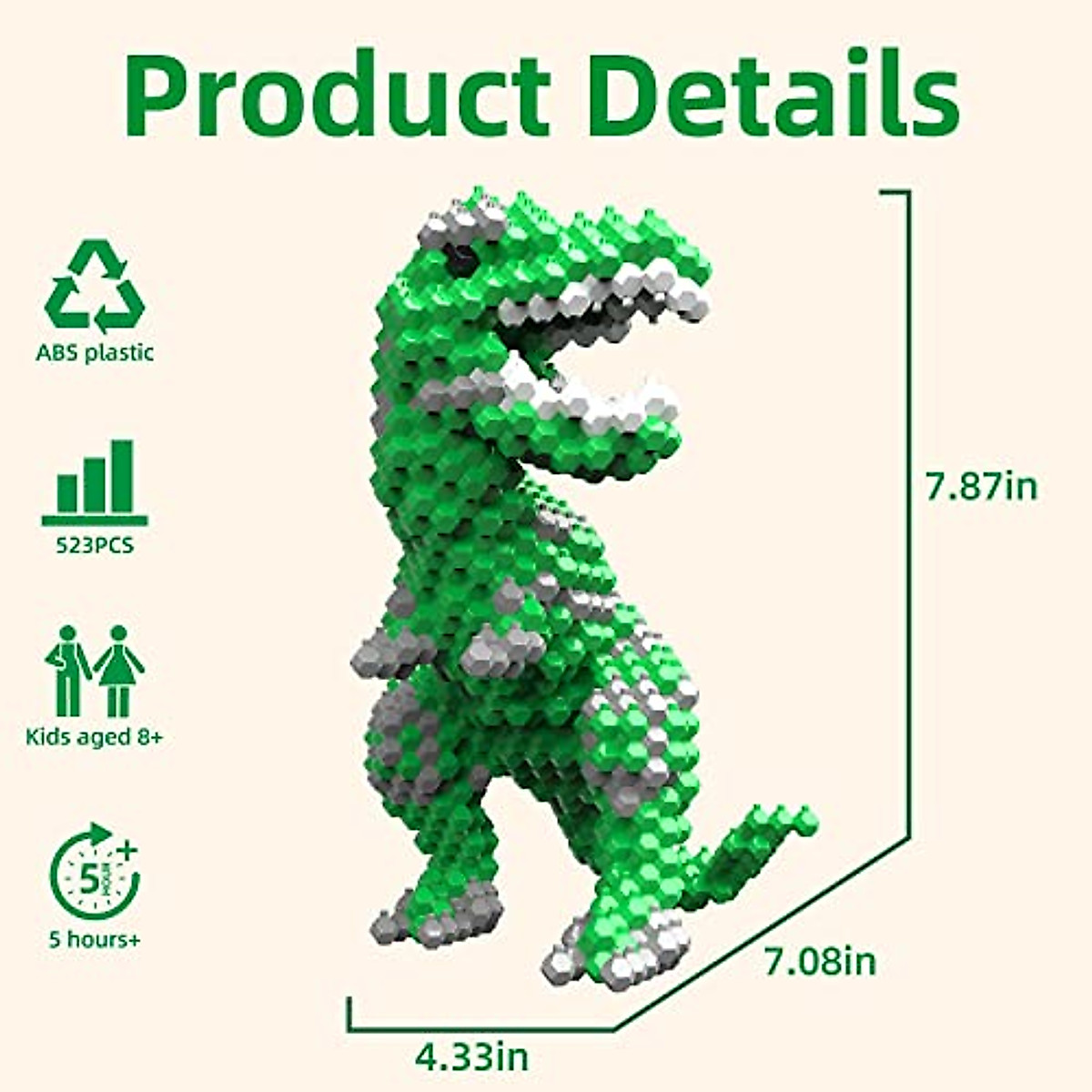 KADELE Fun Dinosaur Building Set 421PCS, Green T-Rex Creative Educational Toys Boys Girls 8+, Animal Figures Building Kit Model Jurassic Dino Blocks Toy Dispaly Gifts for Kids & Adults