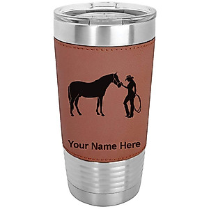 LaserGram 20oz Vacuum Insulated Tumbler Mug, Horse and Cowgirl, Personalized Engraving Included (Faux Leather, Dark Brown)