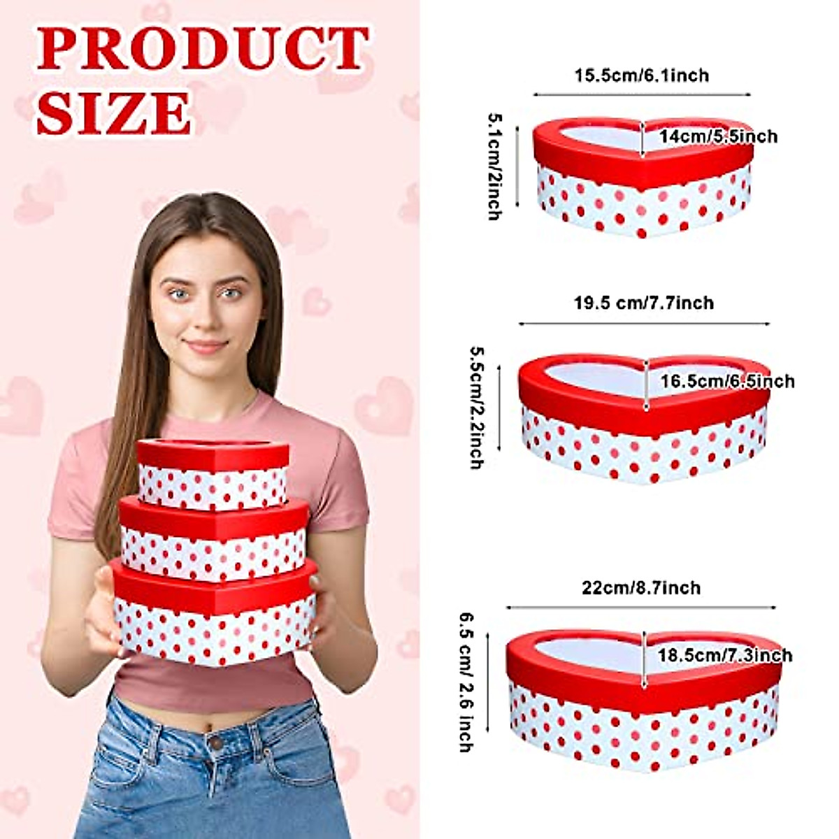 3 Pcs Valentine's Day Heart Shaped Boxes with Transparent Window Lid Dot Heart Flower Boxes Heart Box Floral Gift Box Goody Box Party Favors for Packaging Flowers Arrangement Strawberries, 3 Sizes