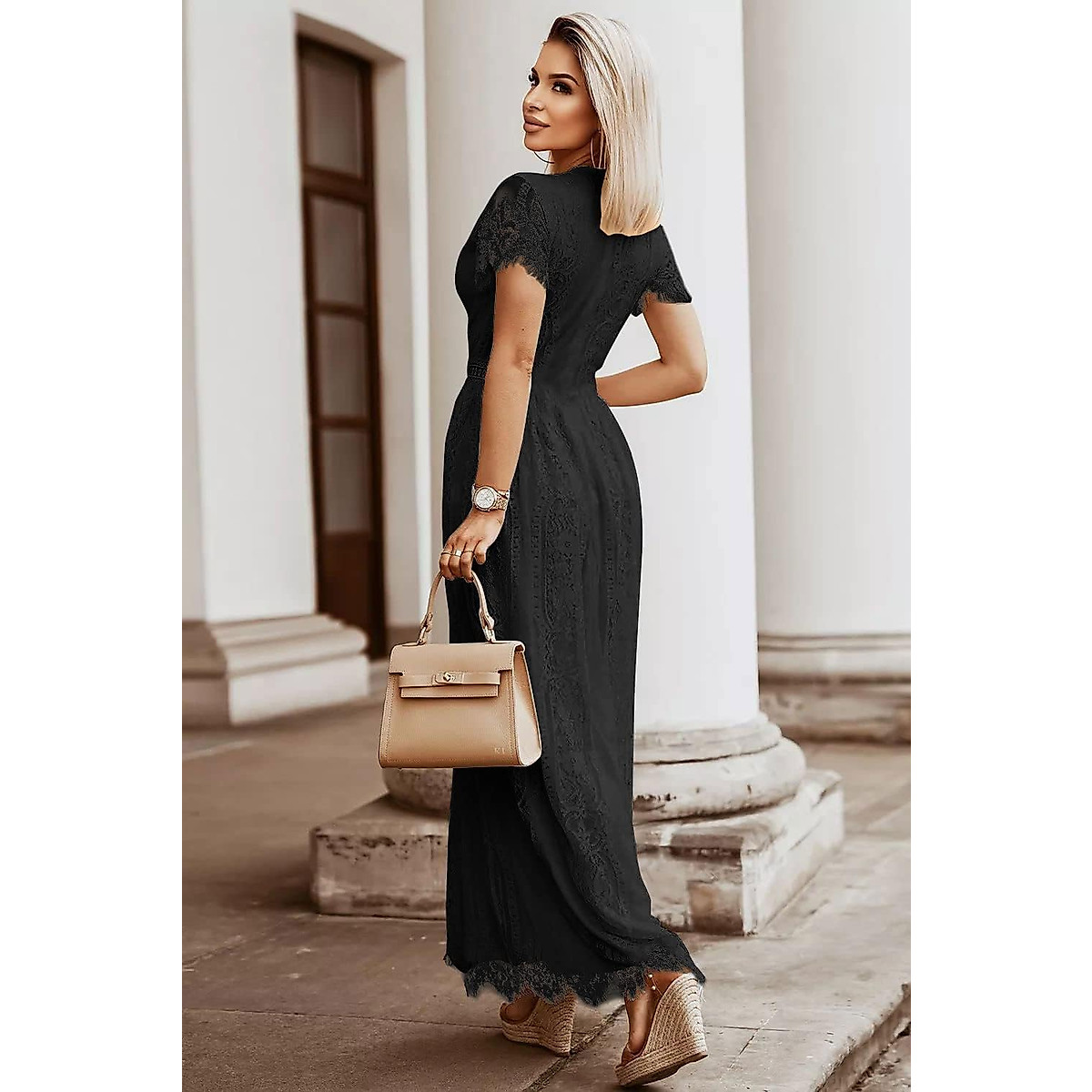 MEROKEETY Women's 2024 V Neck Short Sleeve Floral Lace Wedding Dress Bridesmaid Cocktail Party Maxi Dress, Black, X-Large